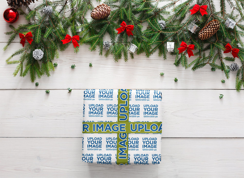 Placeit - Christmas-Themed Mockup of a Gift Covered in Wrapping Paper