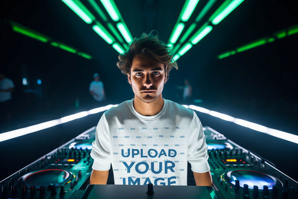 Placeit - AI-Created Mockup of a DJ Wearing a Three-Quarter Sleeve T ...