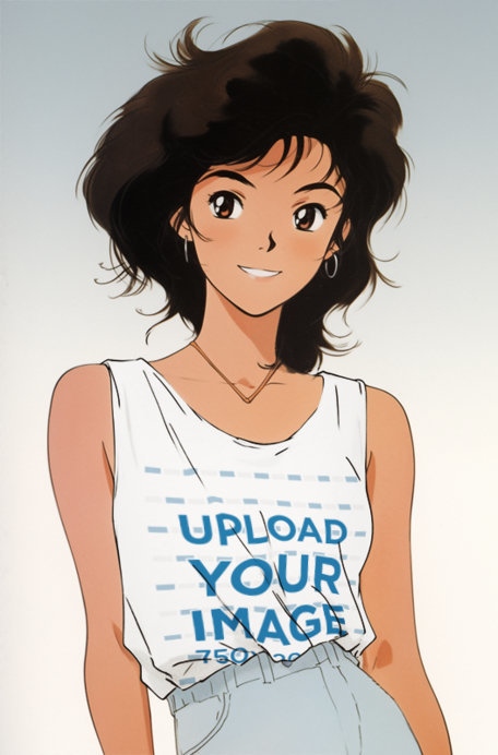 Placeit - Anime-Themed Mockup Featuring a Smiling Woman Wearing a Tank Top