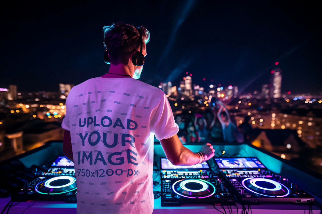 Placeit - Back-View T-Shirt Mockup of an AI-Generated DJ Playing on a ...