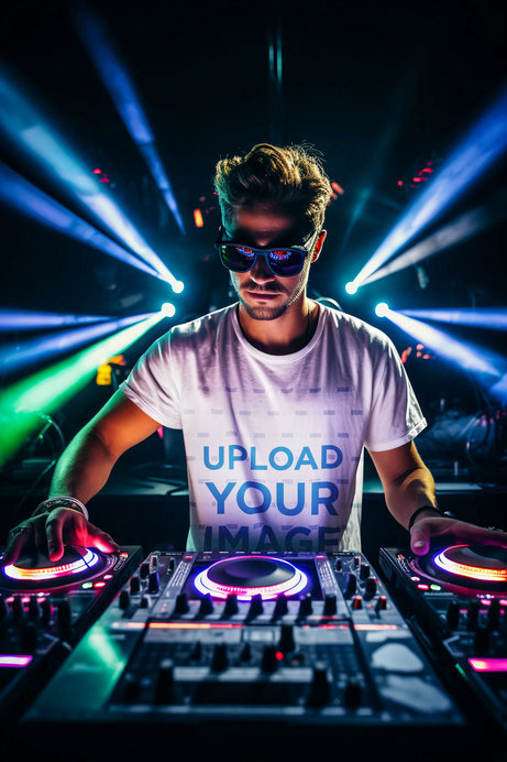 Placeit - T-Shirt Mockup Featuring an AI-Generated DJ Man Playing Some ...