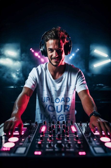 Placeit - T-Shirt Mockup of an AI-Generated DJ Man Smiling at the Club