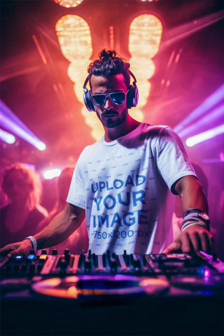 Placeit - Round-Neck T-Shirt Mockup of a DJ Man Playing in a Nightclub