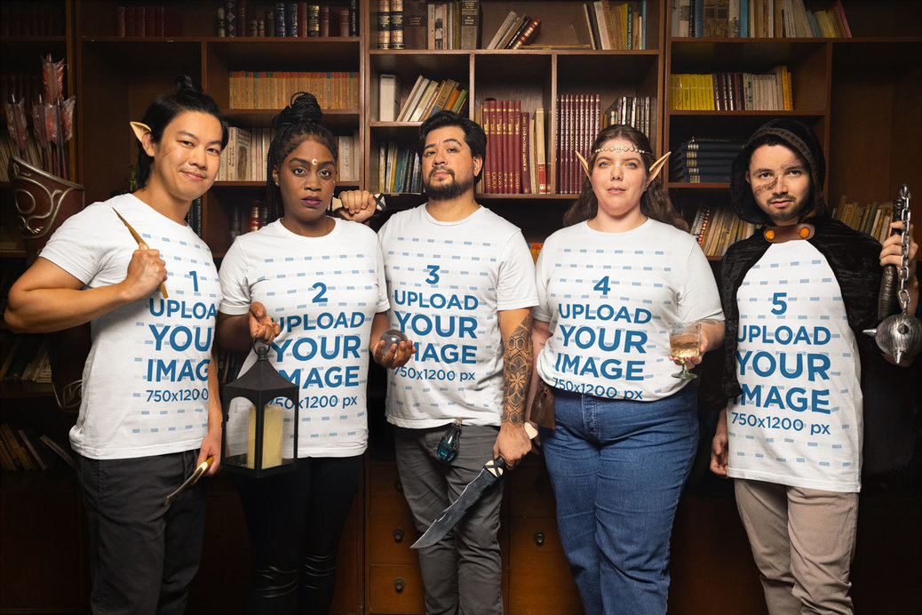 Placeit - RPG Mockup of a Group of Friends With Costumes Playing Games