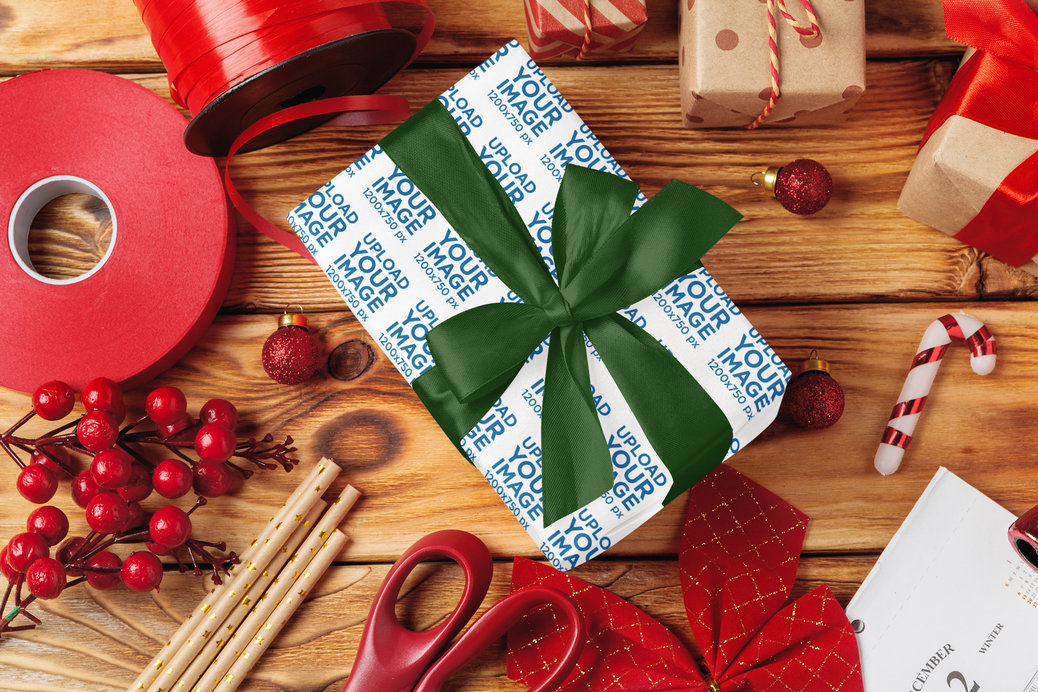 Placeit - Holiday-Themed Mockup of a Gift Covered in Wrapping Paper