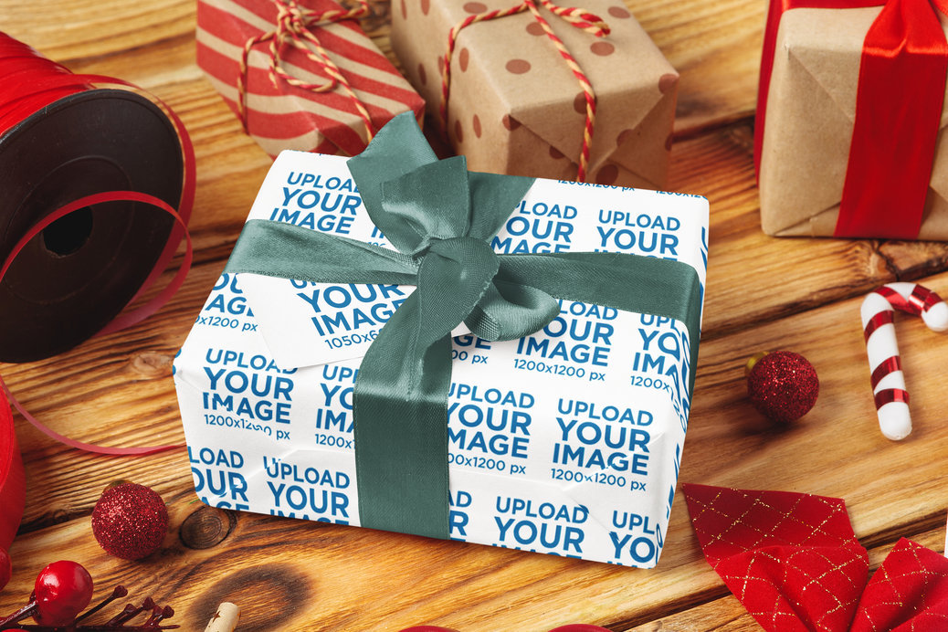 Placeit - Wrapping Paper Mockup Featuring a Christmas Present With a ...