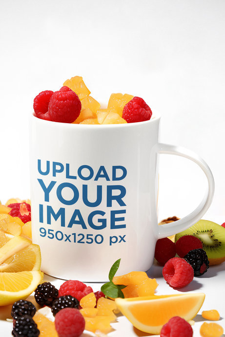 Placeit - AI-Created Mockup of an 11 Oz Coffee Mug Filled With Fruits