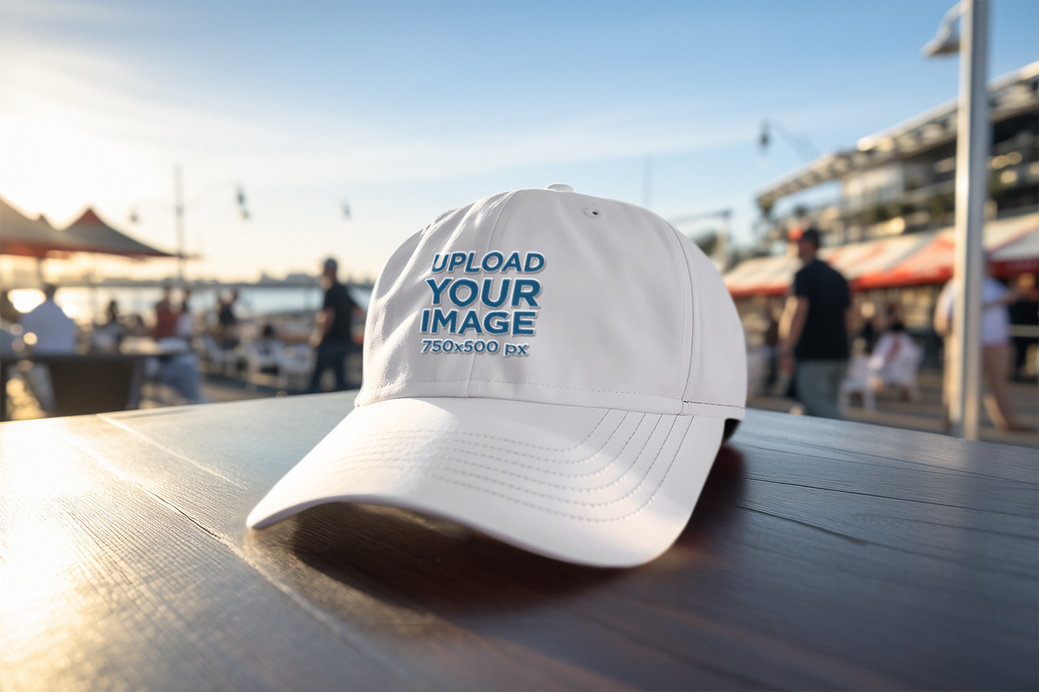 Placeit - Mockup of an AI-Generated Dad Hat Placed on a Table at Sunset