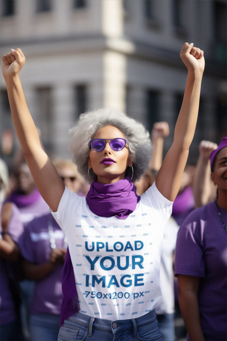 Placeit - T-Shirt Mockup Featuring an AI-Created Woman Protesting in a ...