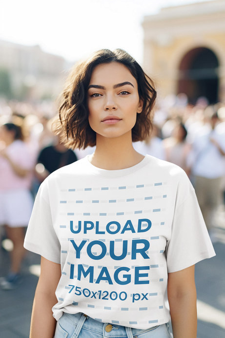 Placeit - Round-Neck Tee Mockup of a Serious AI-Generated Woman in a ...