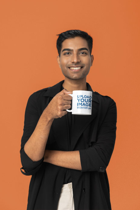 Placeit - Mockup of a Smiling Man Holding an 11 oz Coffee Mug in a Studio