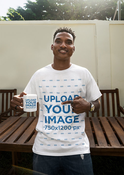 Placeit - T-Shirt Mockup Featuring a Happy Man Pointing at His Coffee Mug