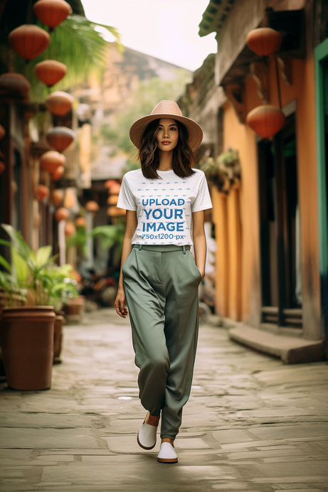 Placeit - Mockup of an AI-Generated Woman Wearing a Round-Neck T-Shirt