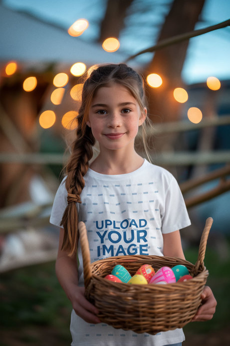 Placeit - AI-Generated T-Shirt Mockup Featuring a Smiling Girl on a Fun Easter Egg Hunt