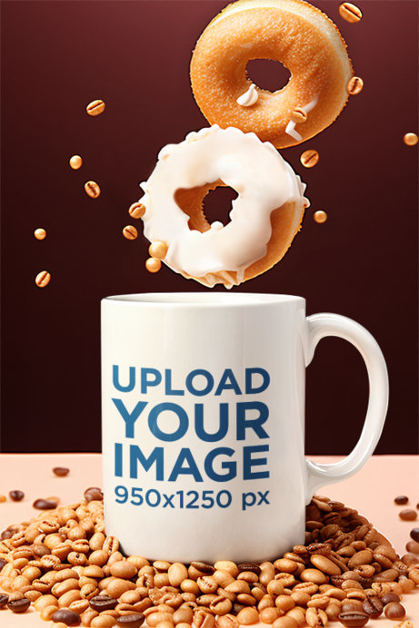 Placeit - Coffee Mug Mockup Featuring AI-Created Donuts Floating in the Air
