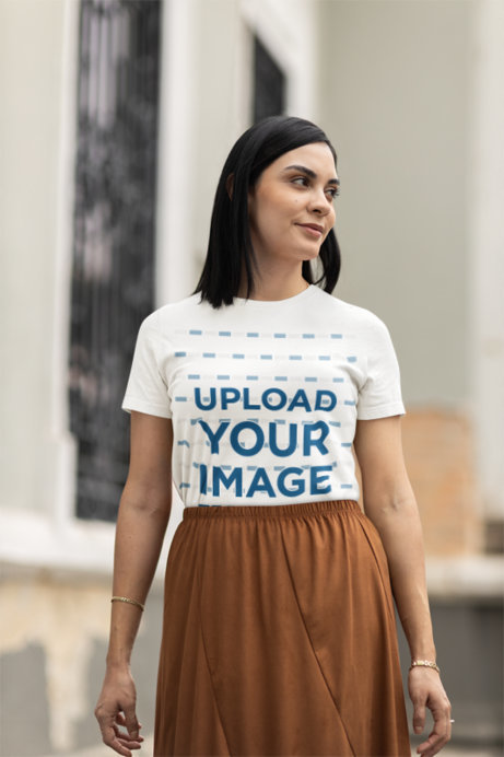 Placeit - Bella Canvas Round-Neck Tee Mockup of a Smiling Woman Wearing ...