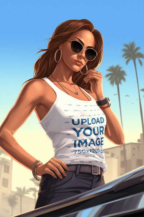 Placeit - GTA-Inspired Mockup of an Illustrated Woman Wearing a Tank Top