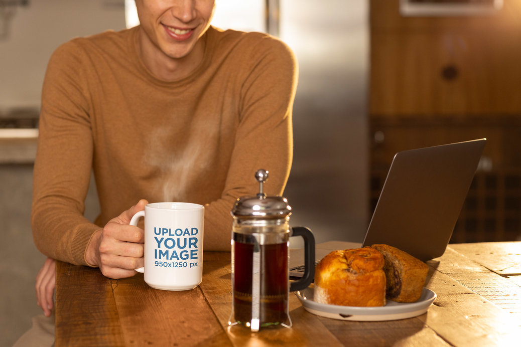 Placeit - Mockup of a Smiling Cropped-Face Man Holding a 15 Oz Coffee Mug