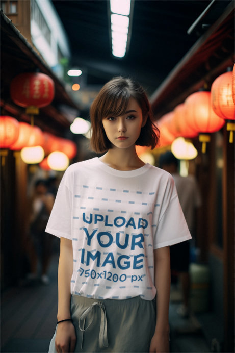 Placeit - Round-Neck Tee Mockup of an AI-Created Young Woman Inspired ...