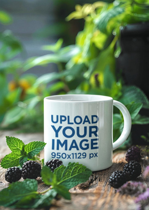Placeit - Mockup of an AI-Generated Coffee Mug Surrounded by Blackberries