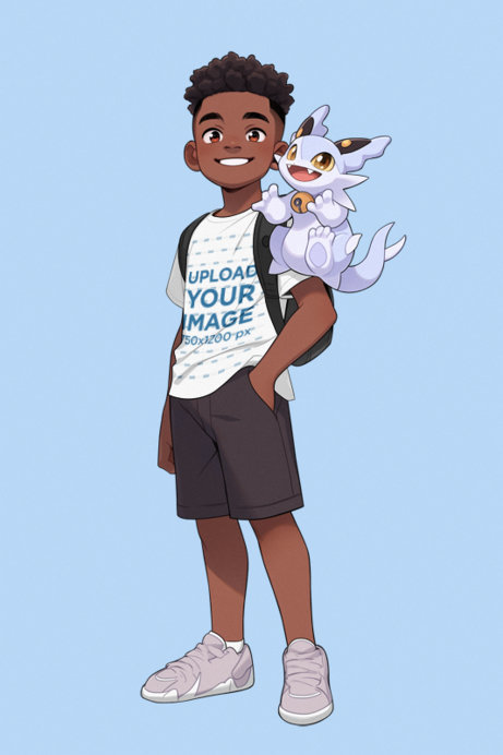 Placeit - Tee Mockup of an Illustrated Kid with a Pokemon-Inspired ...