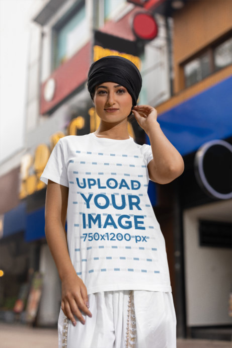 Placeit - Scott International Tee Mockup of a Woman with a Turban ...