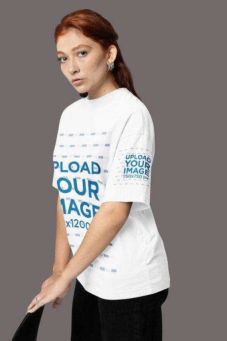 Placeit - Oversized Round-Neck Tee Mockup Featuring a Woman Posing in a ...
