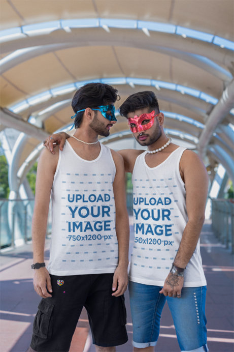 Placeit - Mockup of Two Men Wearing Matching Tank Tops for LGBT Pride Month