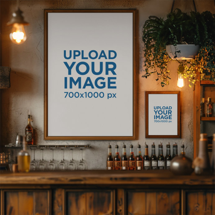 Placeit - AI-Created Mockup of Two Art Prints Hanging Behind a Bar