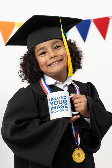 Placeit - 11 Coffee Mug Mockup of a Smiling Kid with Curly Hair Dressed ...