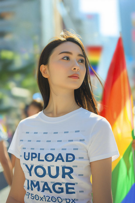 Placeit - Mockup of an AI-Created Woman Wearing a Tee at an LGBT Pride ...