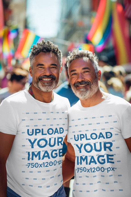 Placeit - Mockup of a Happy Couple of Men Wearing Matching T-Shirts at ...