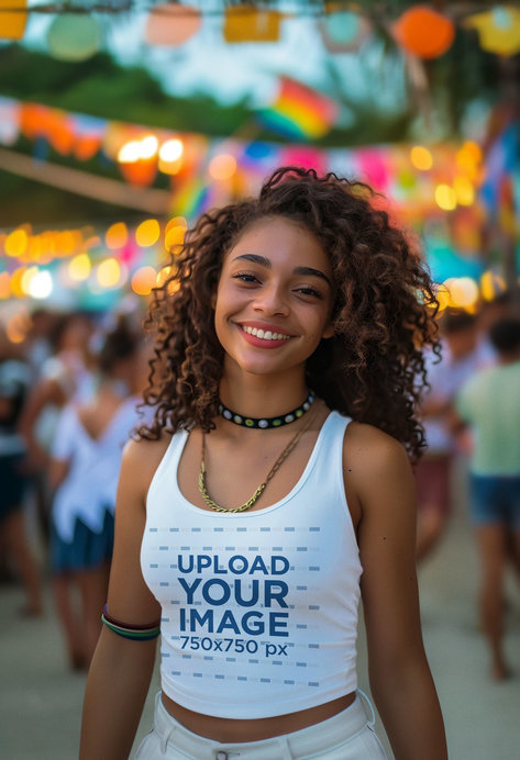 Placeit - Crop Top Mockup of an AI-Generated Happy Curly-Haired Woman ...