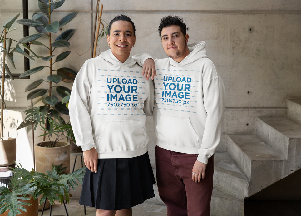 Placeit - Gildan Pullover Hoodie Mockup Featuring Two Smiling Persons ...