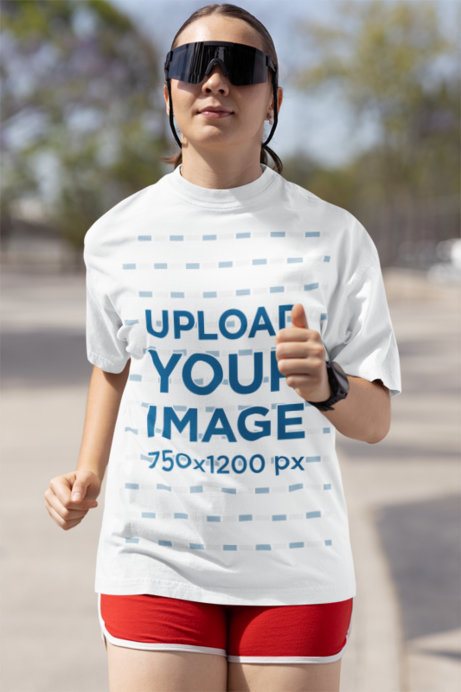 Placeit - Oversized Tee Mockup of a Woman Jogging in a Park With a ...