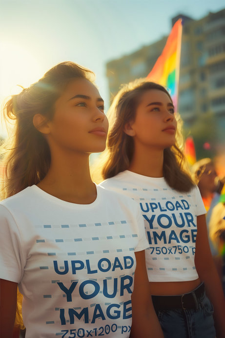 Placeit - Mockup of Two Women Wearing T-Shirts at an LGBT Pride Protest