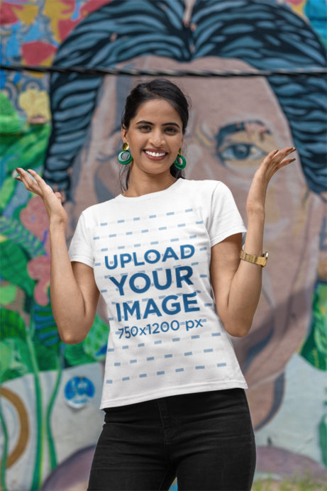 Placeit - Gildan T-Shirt Mockup of a Woman Making a Small Shrug Gesture