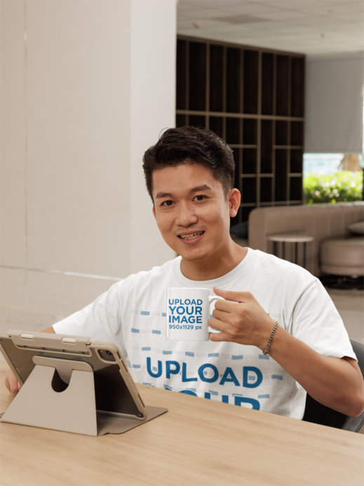 Placeit - Gildan T-Shirt Mockup Featuring a Happy Man With a Coffee Mug ...