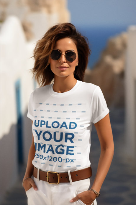 Placeit - AI-Generated Mockup of a Woman Wearing a Round-Neck Tee and ...