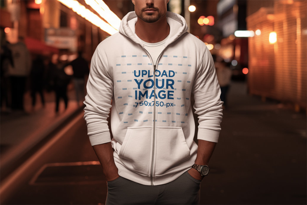 Placeit - AI-Created Mockup Featuring a Man Wearing a Full-Zip Hoodie ...