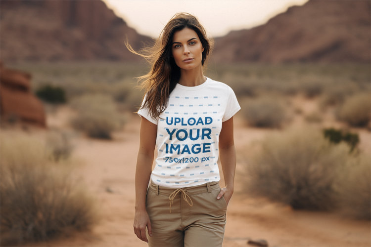 Placeit - Round-Neck Tee Mockup of a Woman Generated by AI on a Desert