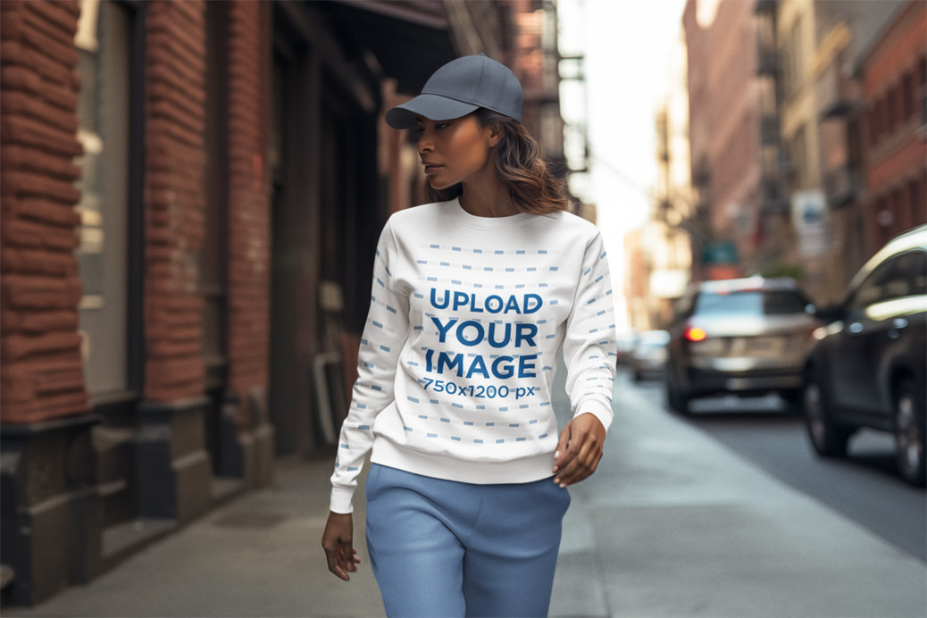 Placeit - Sweatshirt Mockup Featuring an AI-Generated Woman Walking in ...
