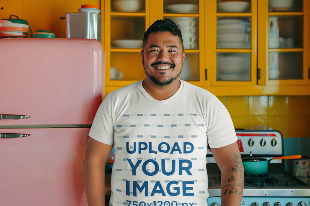 Placeit - T-Shirt Mockup Featuring an AI-Generated Happy Bearded Man Posing in a Kitchen