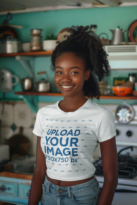 Placeit - AI-Created Mockup of a Curly-Haired Woman Wearing a Crop Top ...