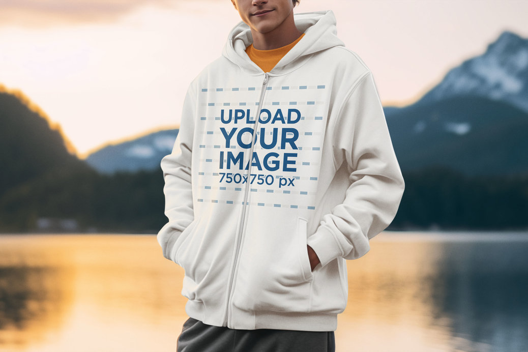 Placeit - Full-Zip Hoodie Mockup of a Man Standing in Front of a Lake