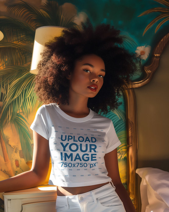 Placeit - Crop Top Mockup Featuring an AI-Created Curly-Haired Woman in ...