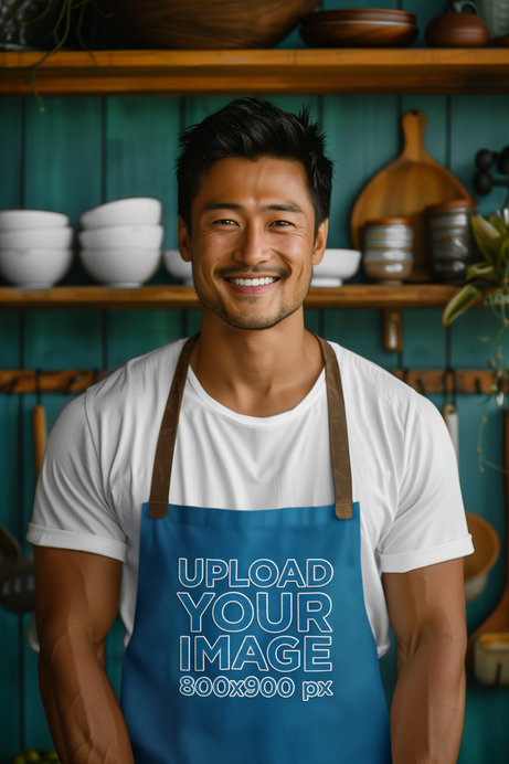 Placeit - AI-Created Mockup of a Smiling Man Wearing an Apron in a Kitchen