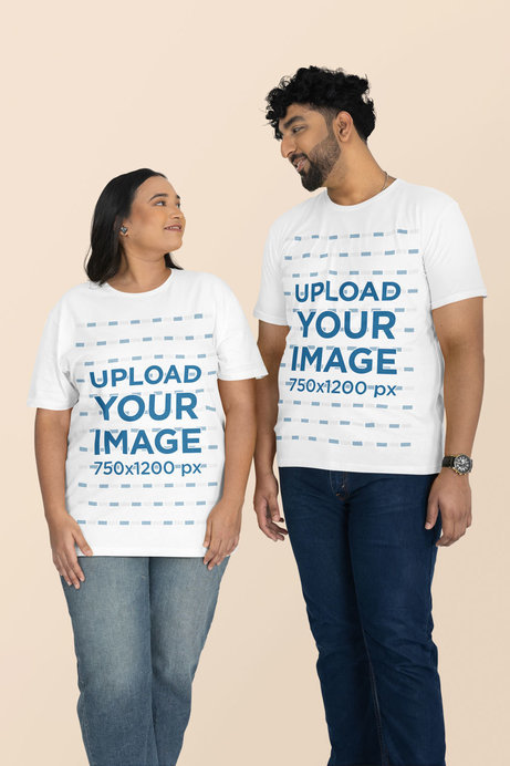 Placeit - Round-Neck T-Shirt Mockup Featuring a Smiling Man and Woman ...