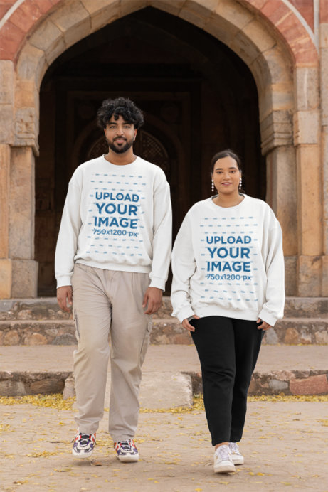 Placeit - Mockup of a Man and a Woman Walking Together in Matching Plus ...