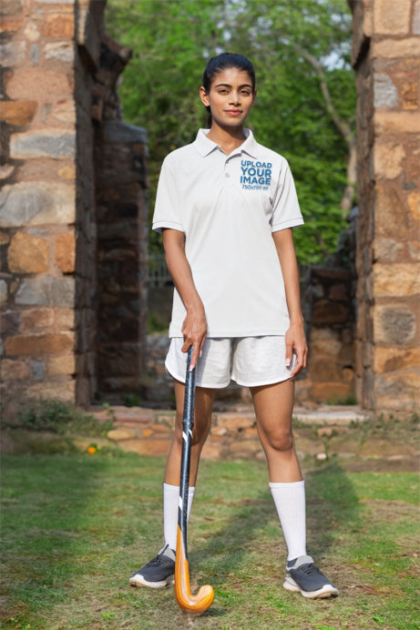 Placeit - Gildan Polo Shirt Mockup of a Woman Wearing a Cricket Team's ...